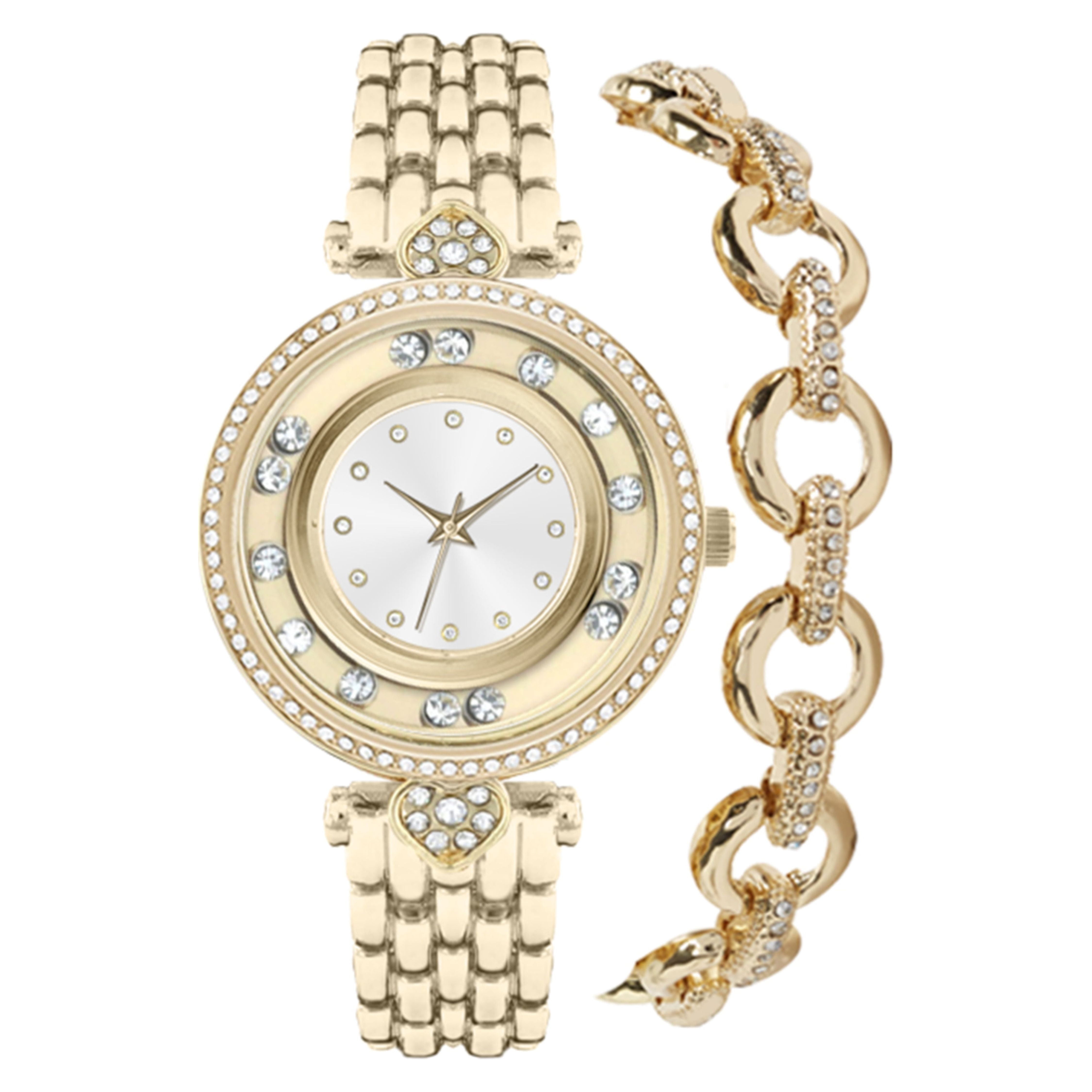 Time and Tru Women's Adult Gold Tone Floating Bezel Watch and Faux ...