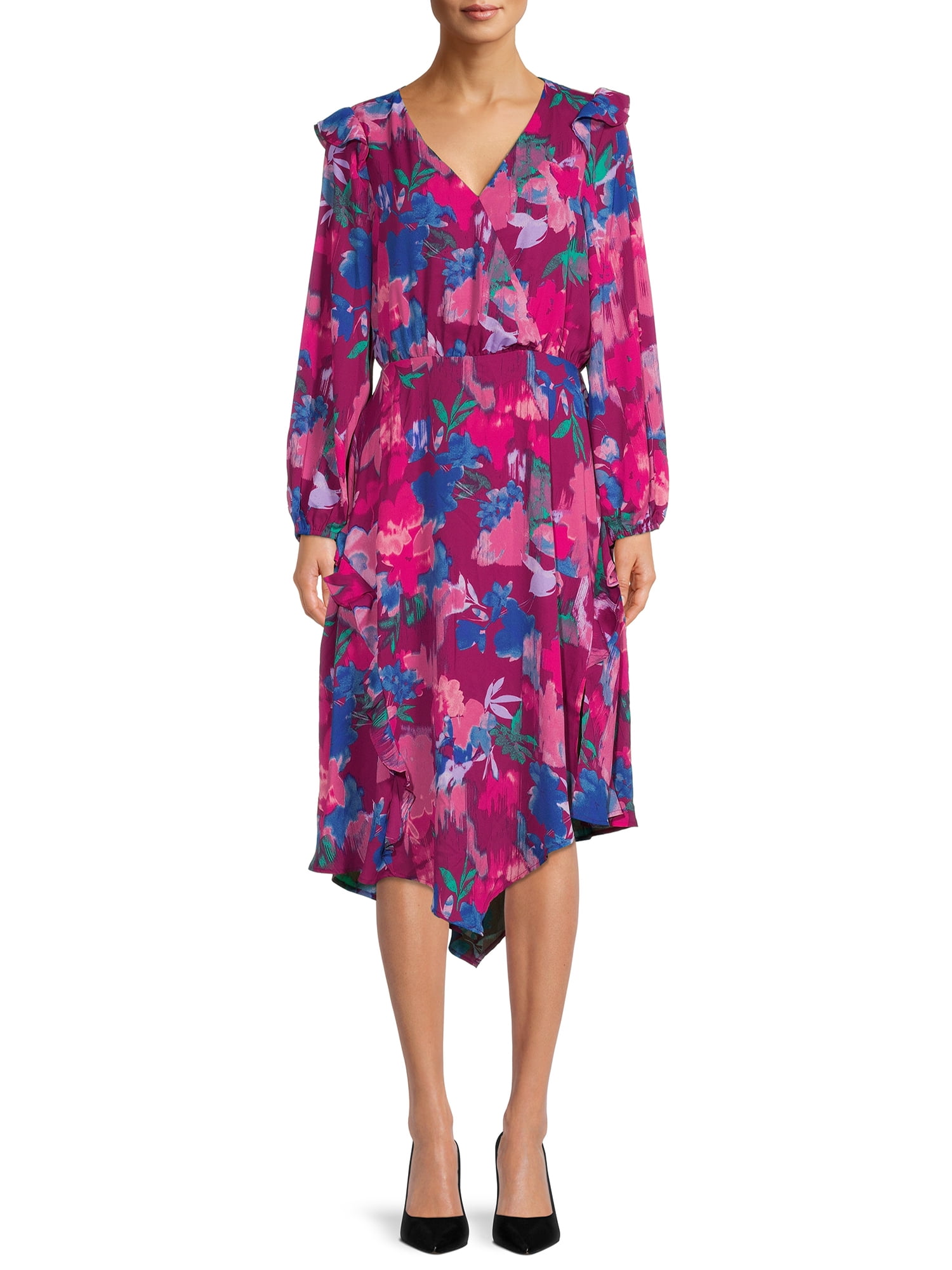 Time and Tru women's Asymmetrical Ruffle Dress - V-Neck - Walmart.com