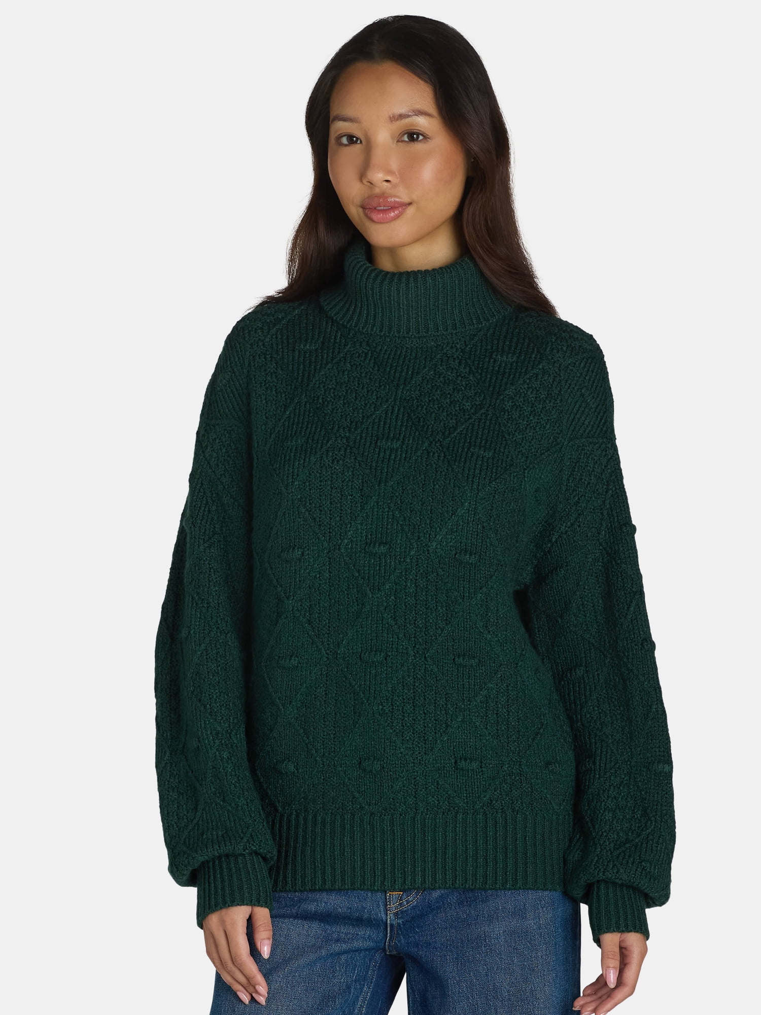 Time and Tru Women's Plus Bobble Knit Turtleneck Sweater, Midweight ...