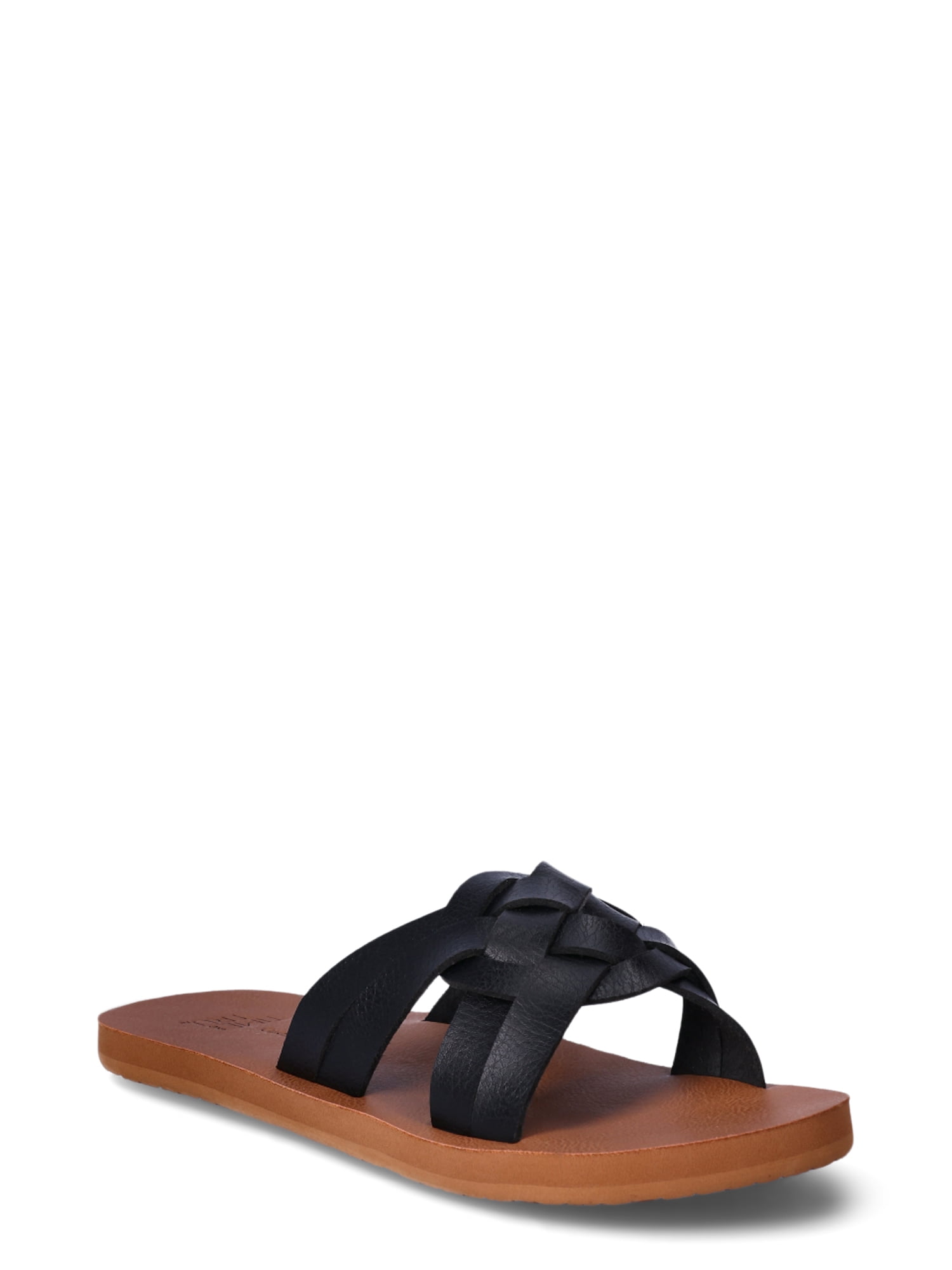 Time and Tru Black Vegan Leather Braided Slide Sandals - Walmart.com