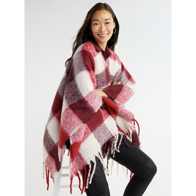 Time and Tru Women's Brushed Check Layering Piece with Fringe, One Size ...