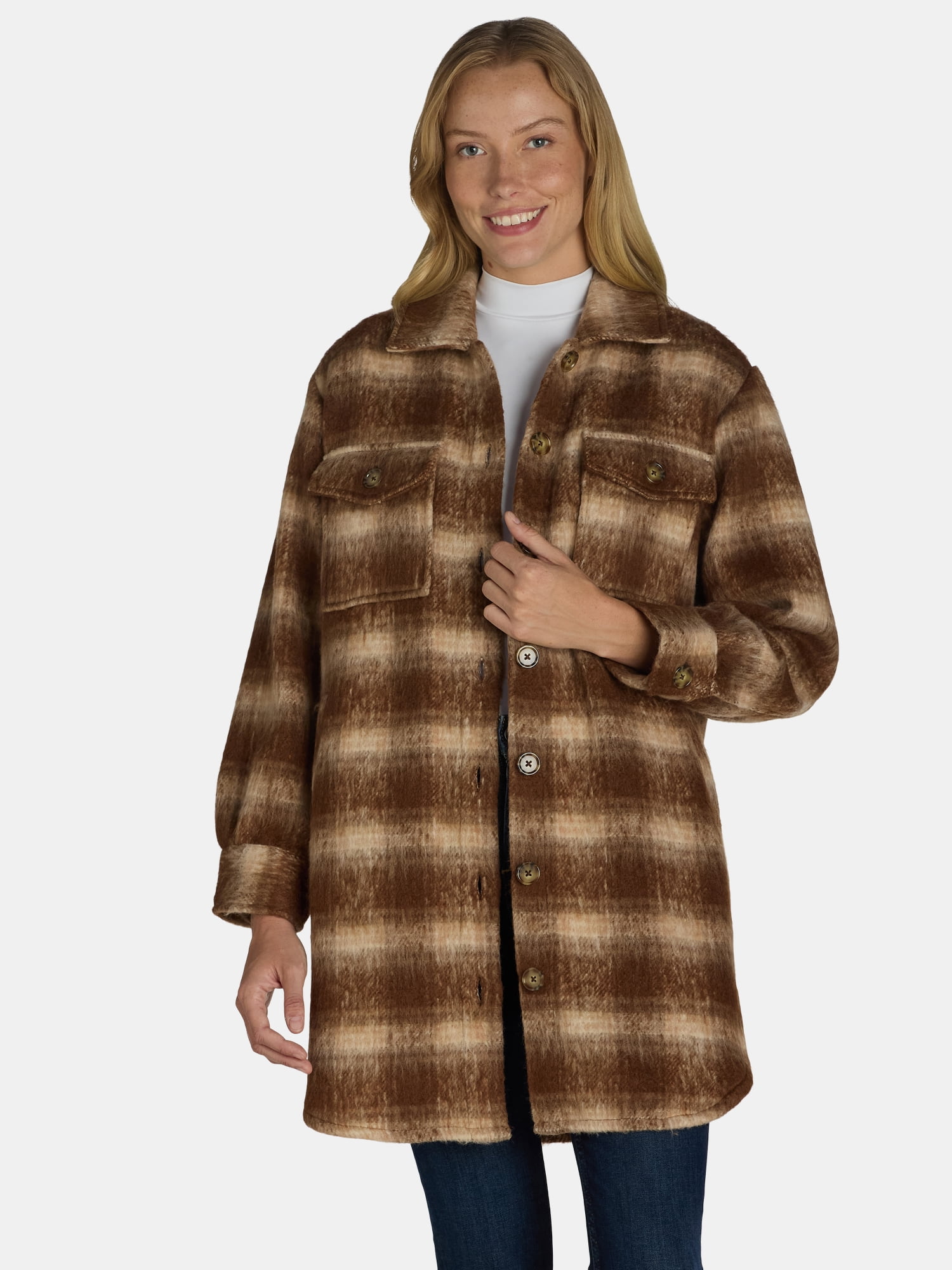 Time & Tru Women's Brushed Plaid Shacket, S-XXXL, Button Front, Relaxed ...