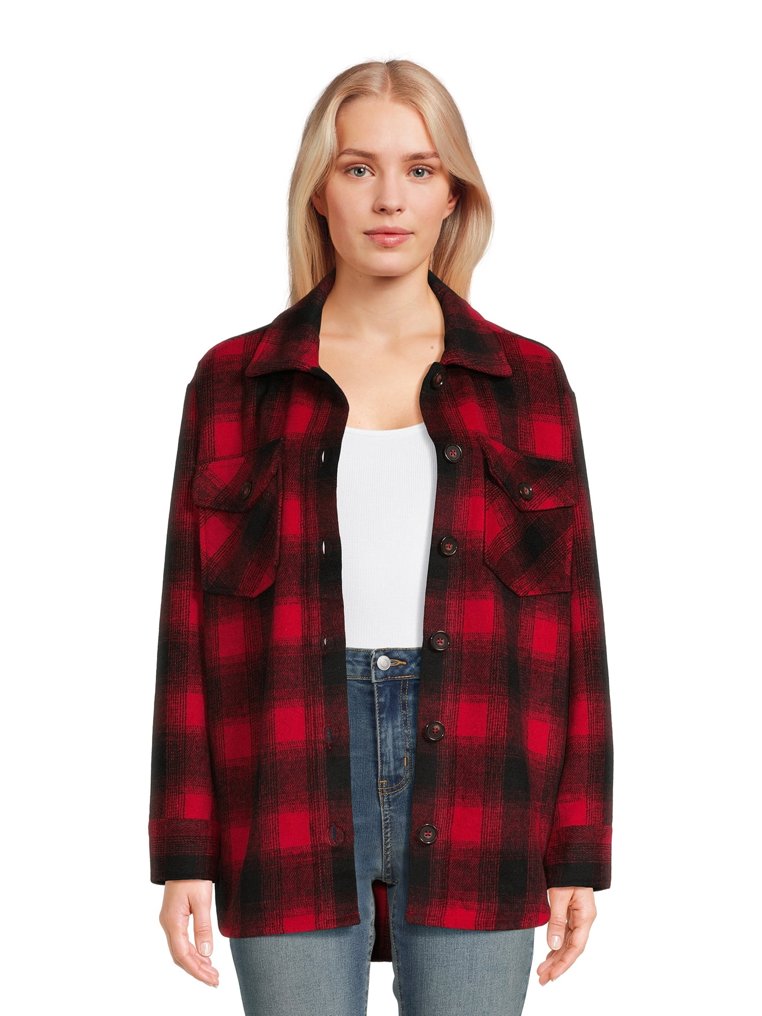 Time and Tru Women's Plaid Brushed Twill Shacket, XS-XXXL, Casual Layer ...
