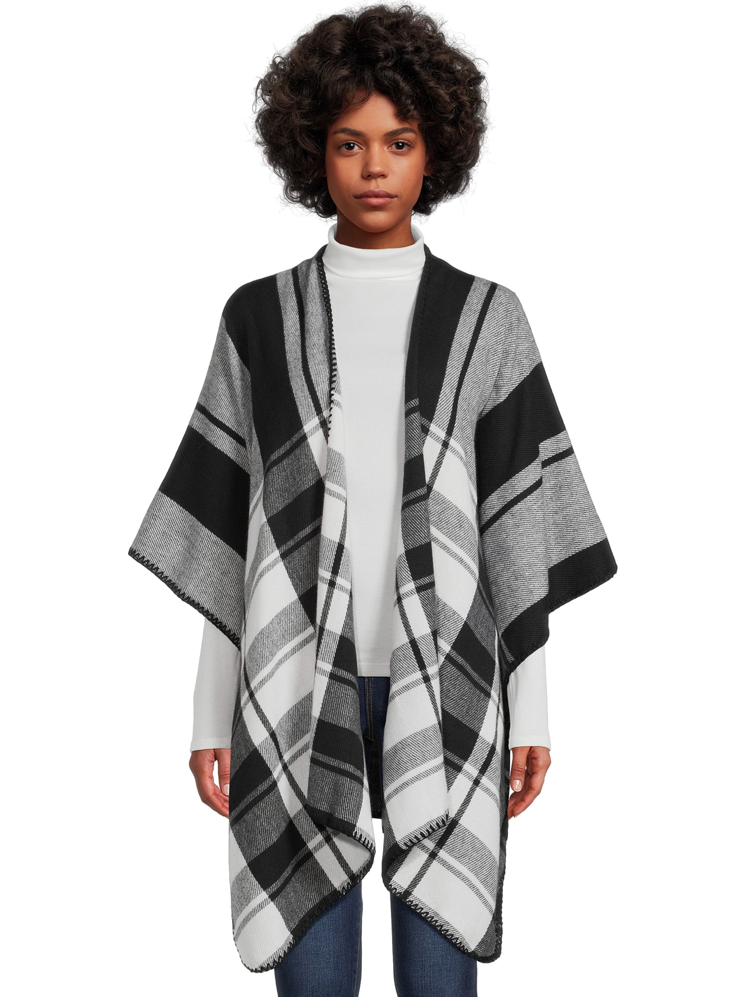 Time and Tru Women's Buffalo Plaid Ruana Layering Piece Wrap with ...
