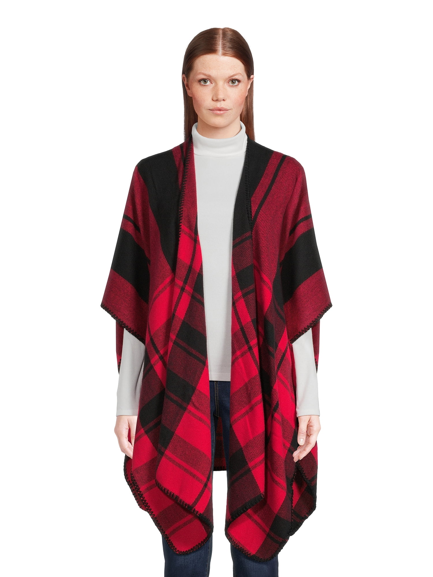 Time and Tru Women's Buffalo Plaid Ruana Layering Piece Wrap with ...