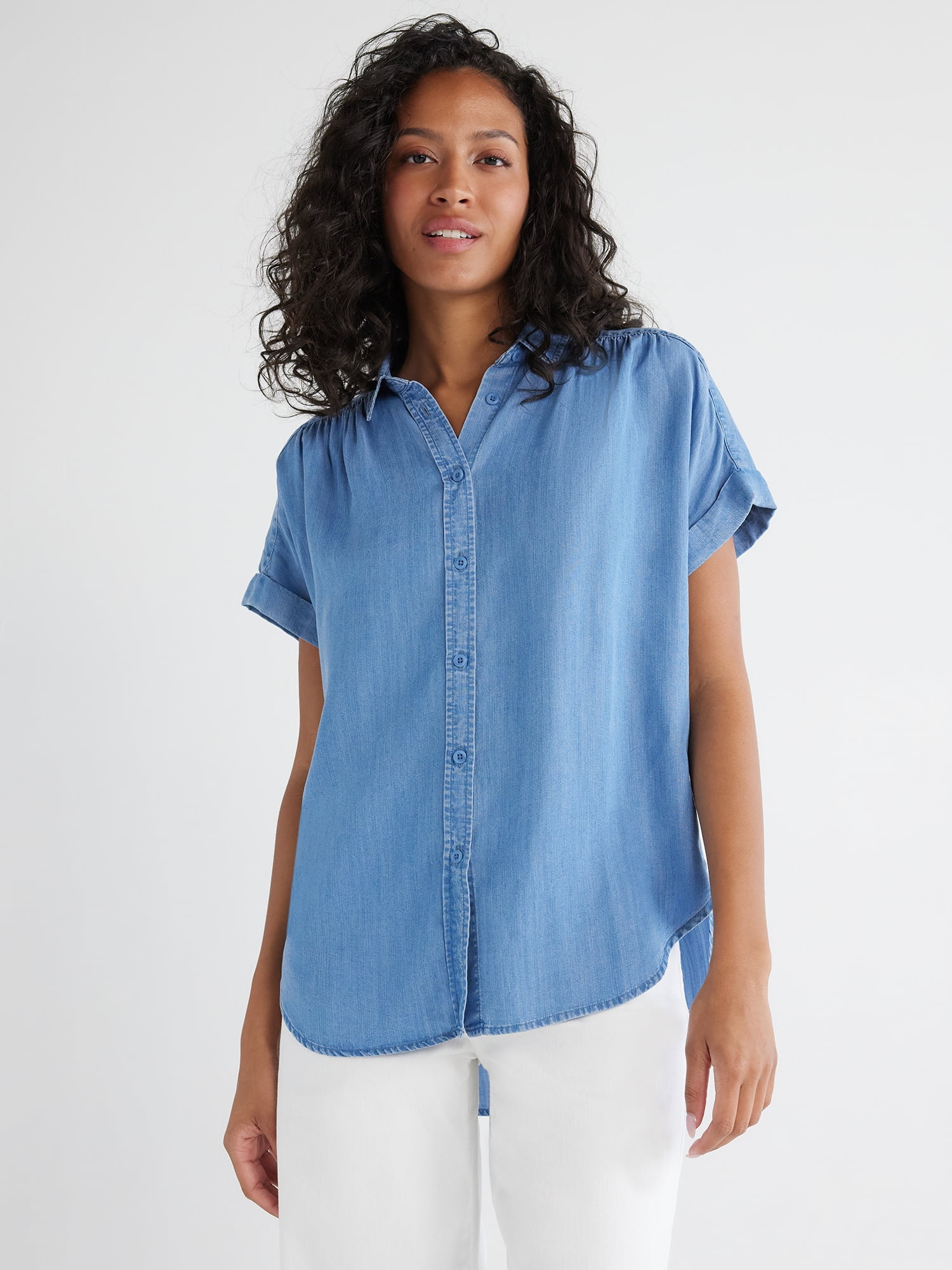 Time and Tru Women's Button Down Camp Shirt with Roll Cuff Sleeves ...