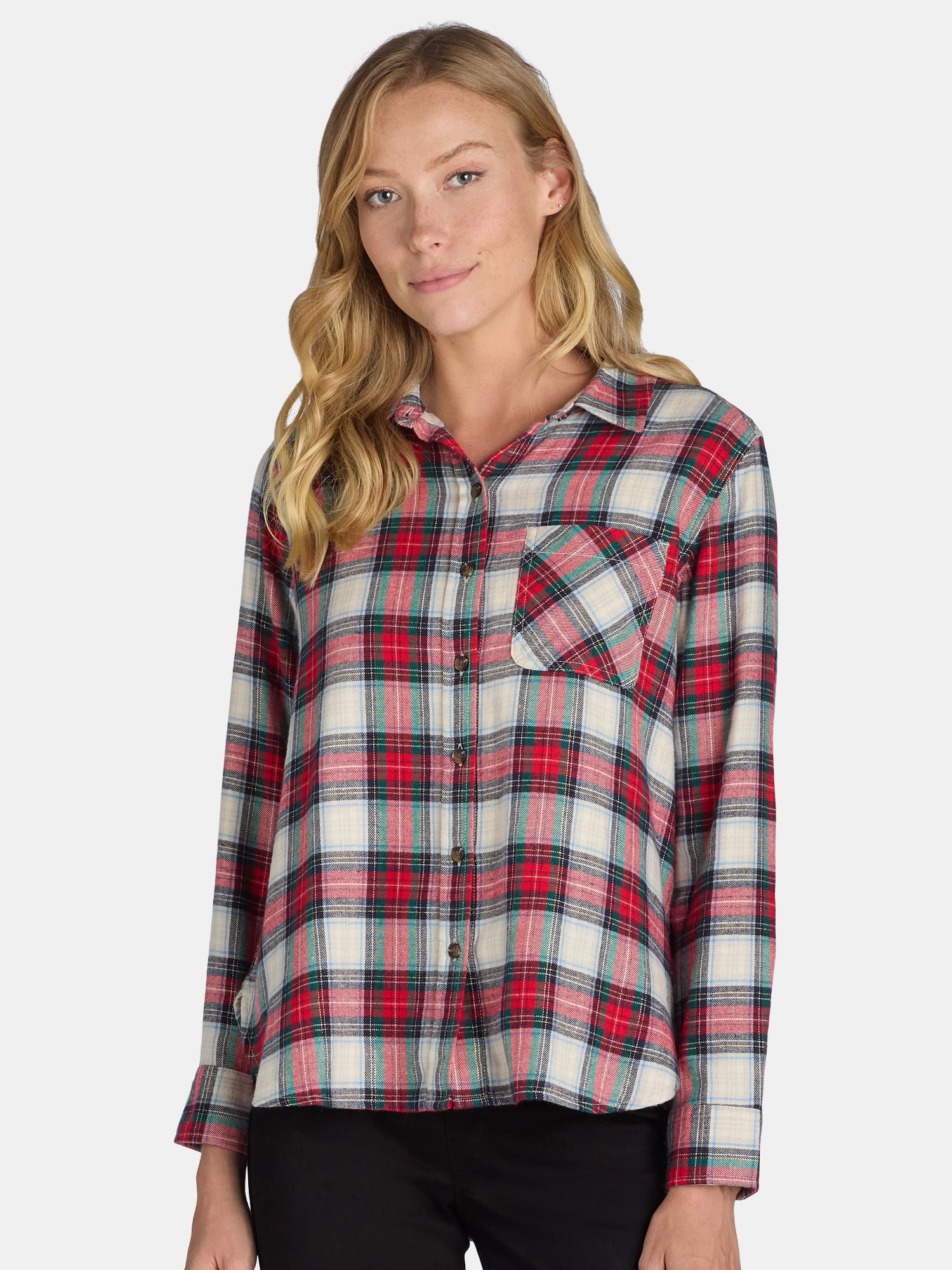 Time & Tru Women's Relaxed Plaid Flannel Shirt with Button Sleeves ...