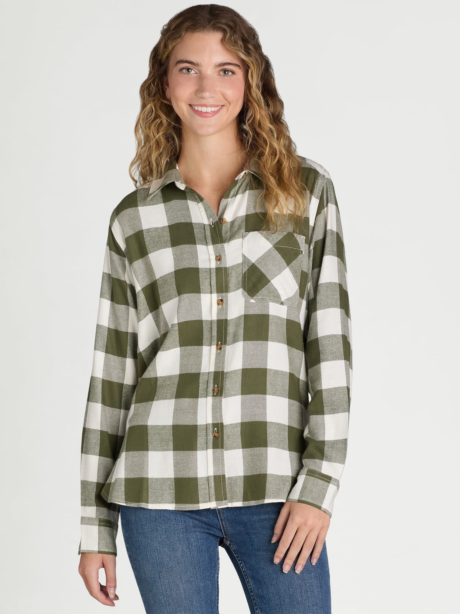 Time and Tru Women's Button Down Flannel Shirt with Long Sleeves, Sizes ...