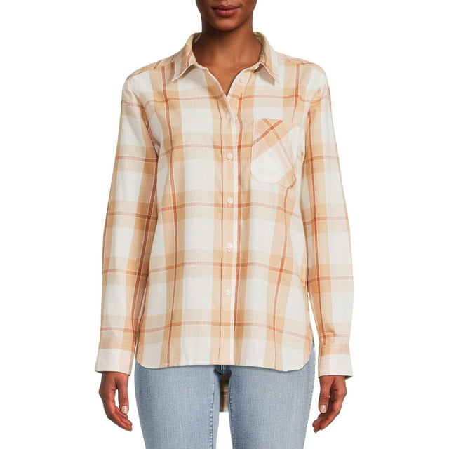 Time and Tru Women's Button Down Flannel Shirt with Long Sleeves, Sizes ...