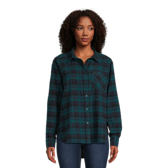Time and Tru Women's Button Down Flannel Shirt with Long Sleeves, Sizes ...