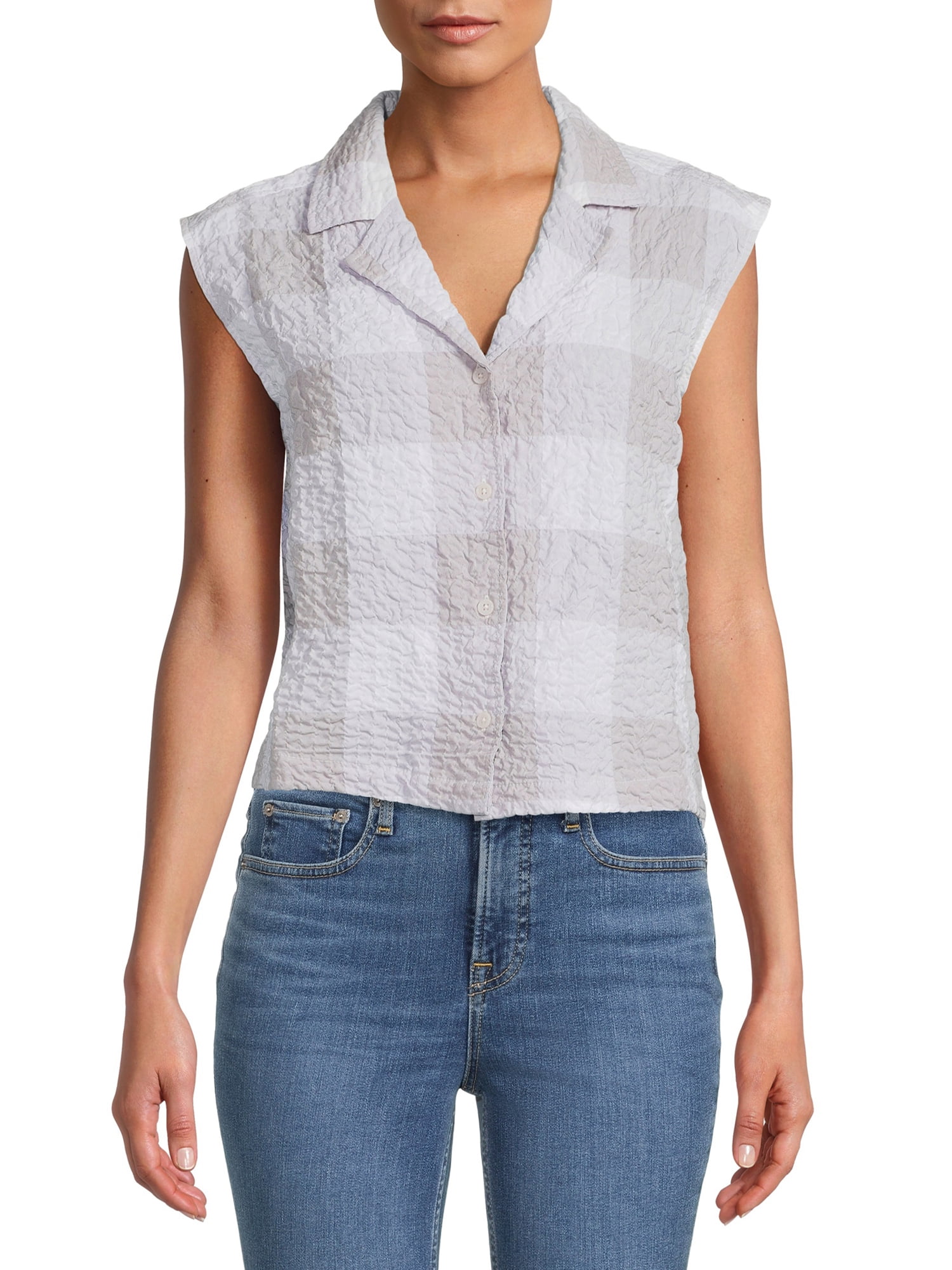 Time & Tru Women's Sleeveless Gingham Button Down Top, Seersucker ...
