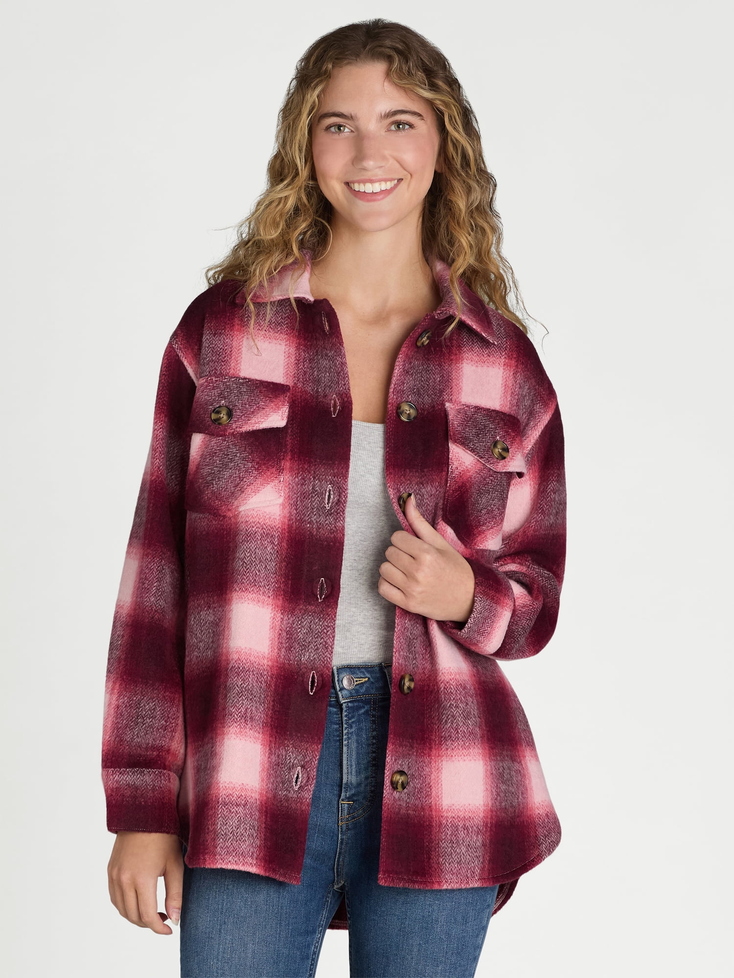 Time and Tru Women's Button Down Plaid Shacket with Pockets, XS-XXXL ...