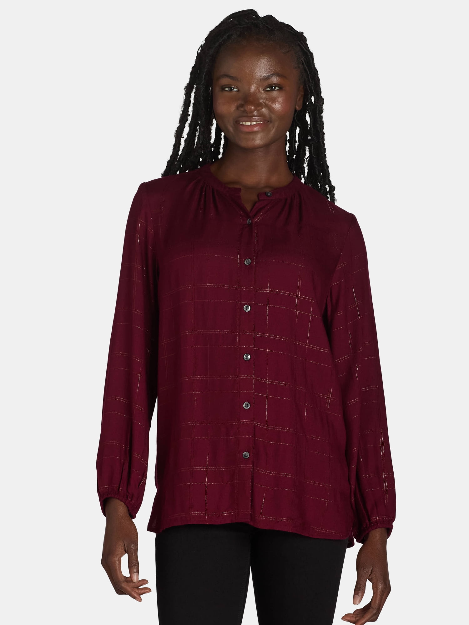 Time and Tru Women's Button Front Blouse with Long Sleeves, Sizes S-XXL ...