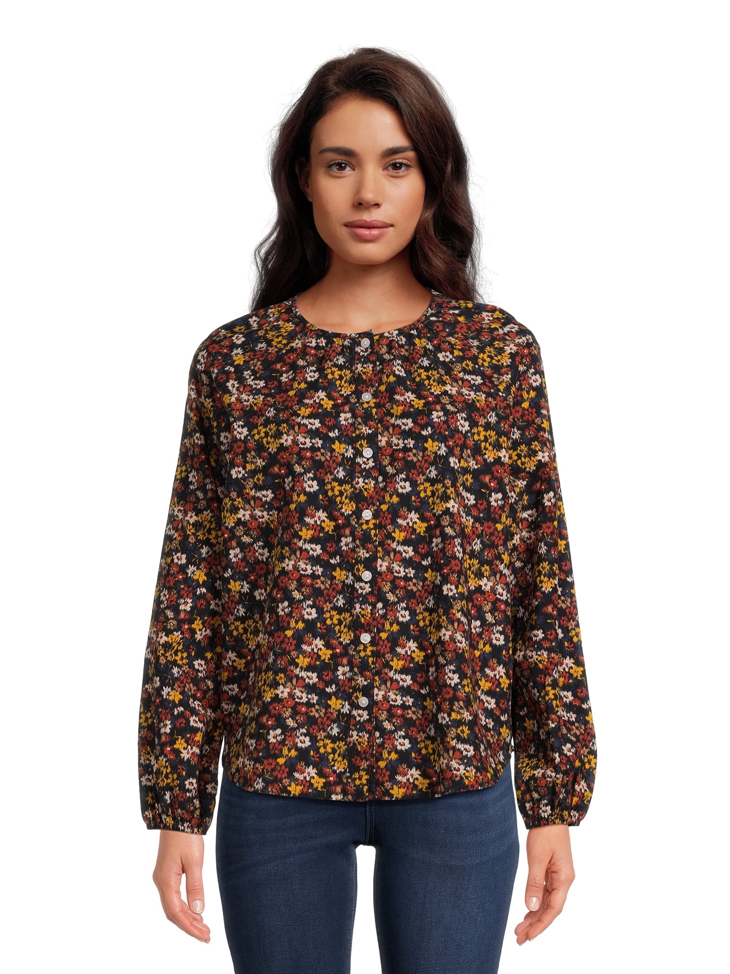 Time and Tru Women's Button Front Blouse with Long Sleeves, Sizes XS ...