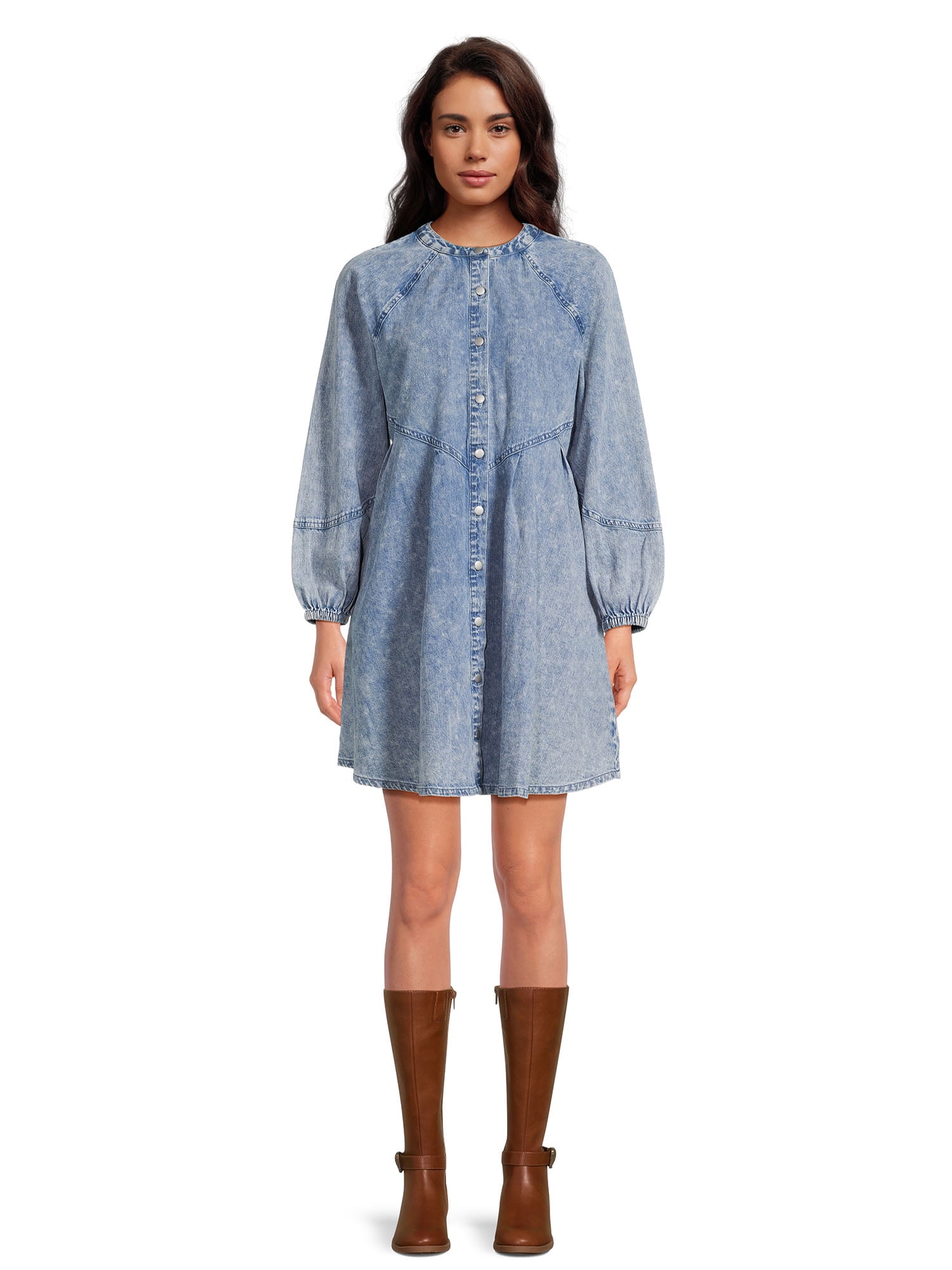 Time and Tru Women's Button Front Denim Mini Dress with Long Sleeves ...