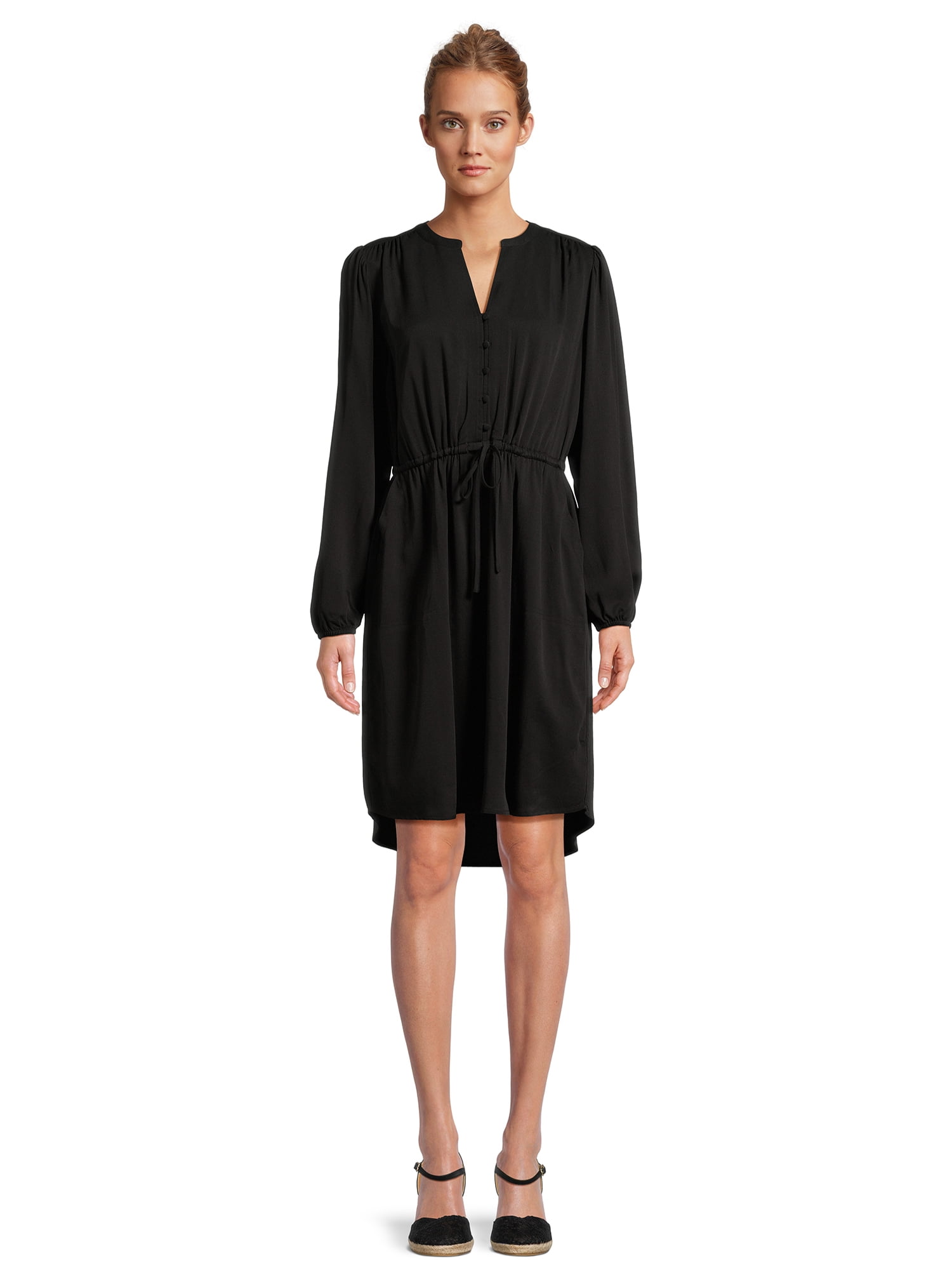 Time and Tru Women's Button Front Drawstring Waist Dress with Long ...
