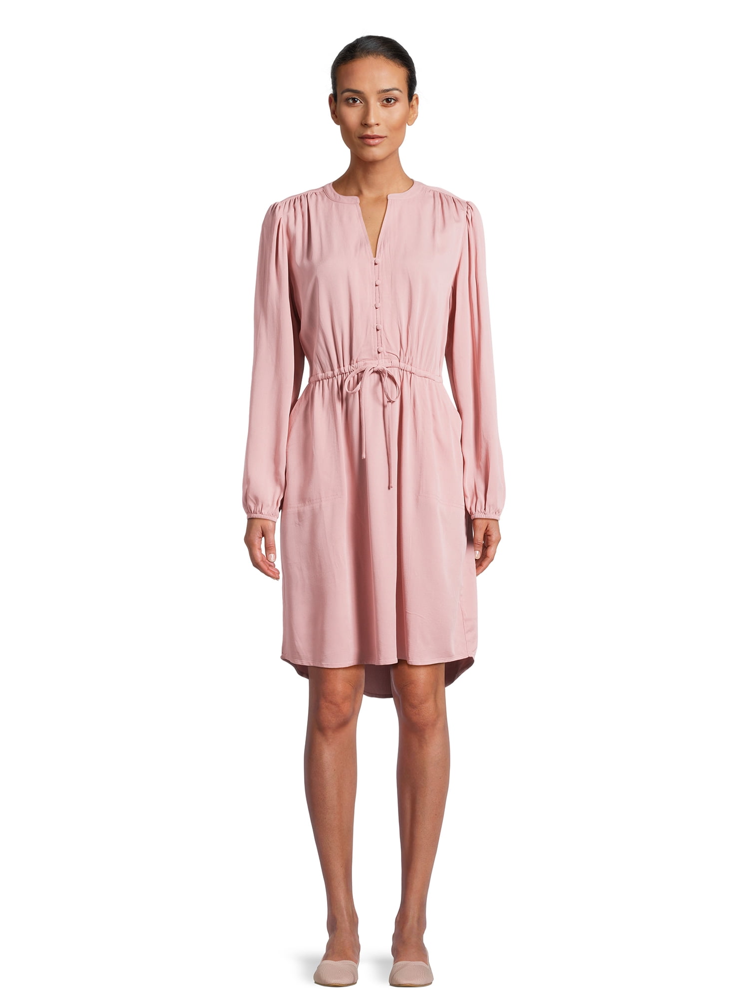Time and Tru Women's Button Front Drawstring Waist Dress with Long ...