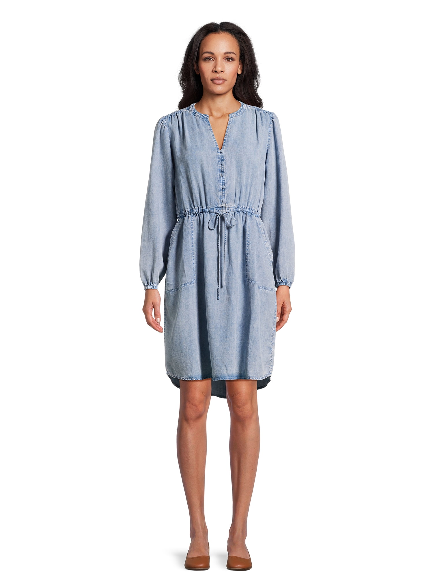 Time and Tru Women's Button Front Drawstring Waist Dress with Long ...