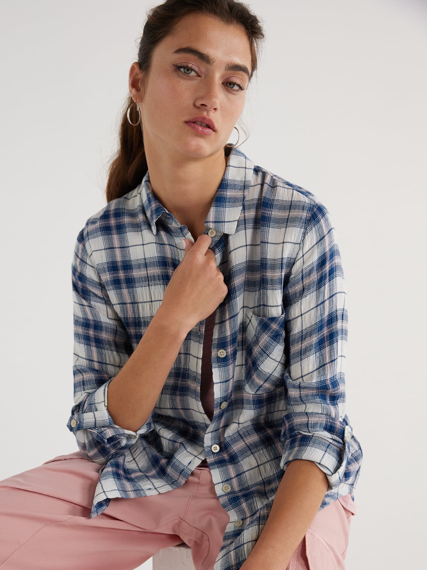 Time and Tru Women's Button Front Soft Shirt with Long Sleeves, Sizes ...