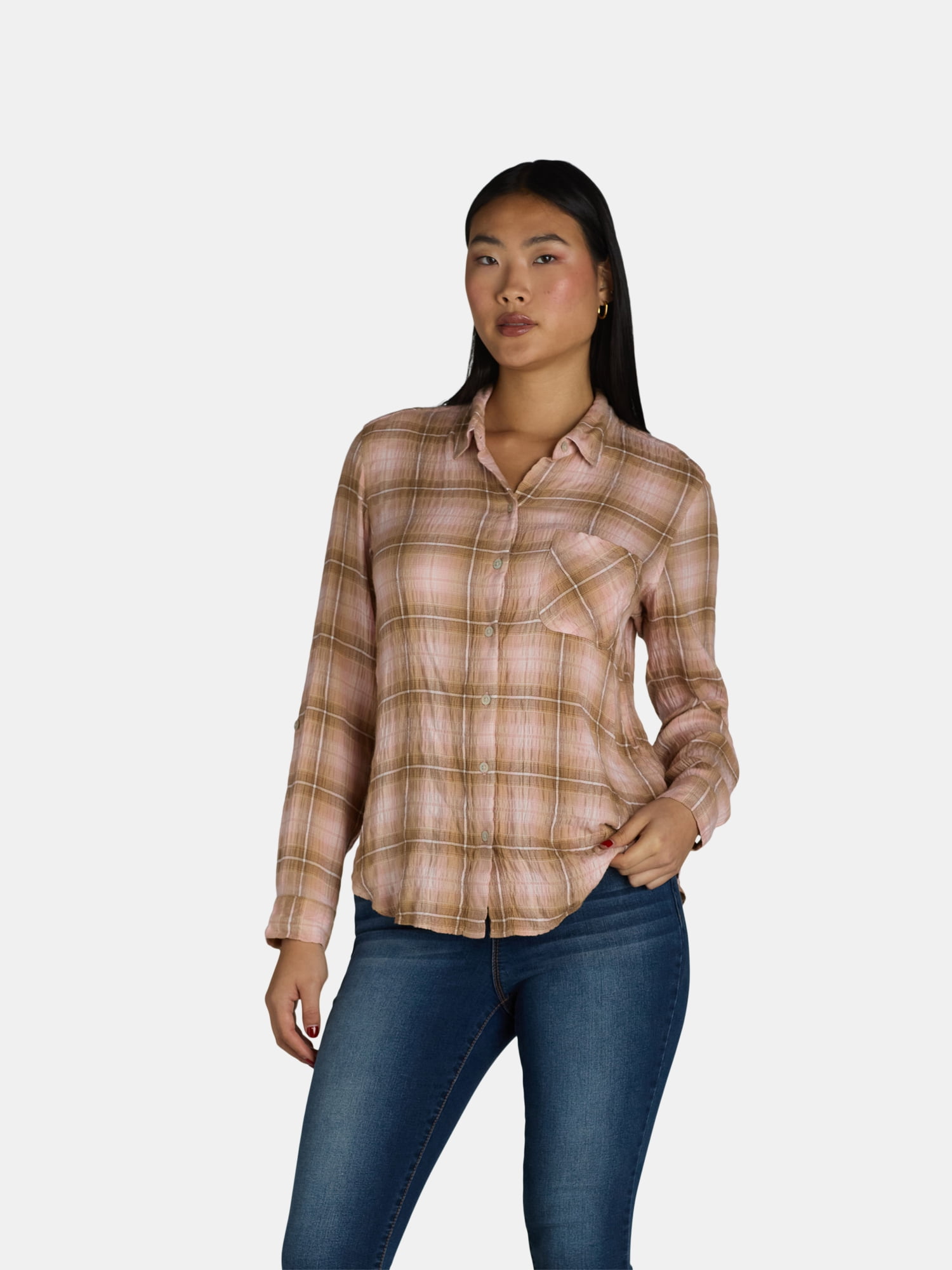 Time and Tru Women's Button Front Soft Shirt with Long Sleeves, Sizes ...