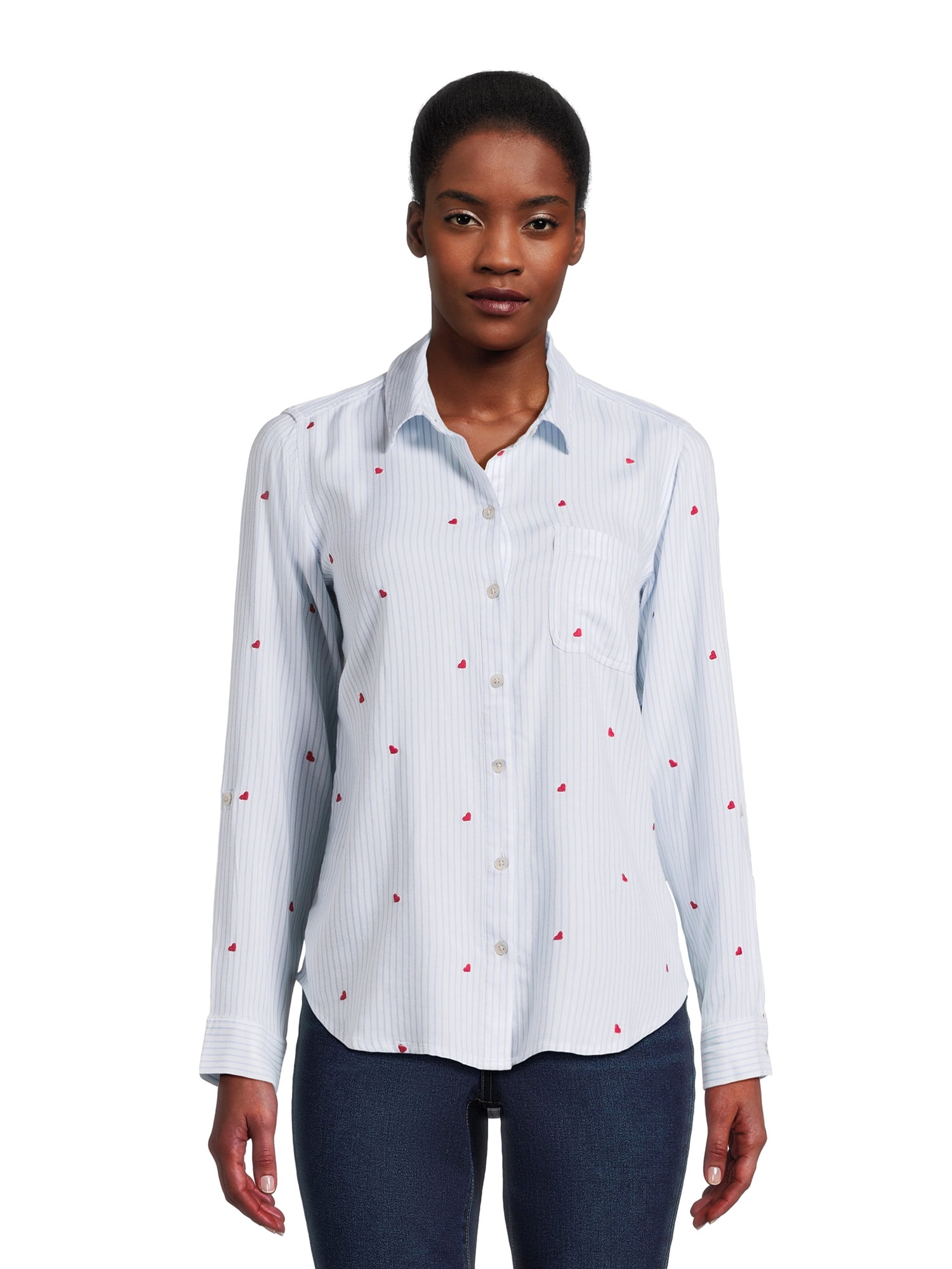 Time & Tru Women's Soft Button-Front Shirt, Long Sleeves, Relaxed Fit ...