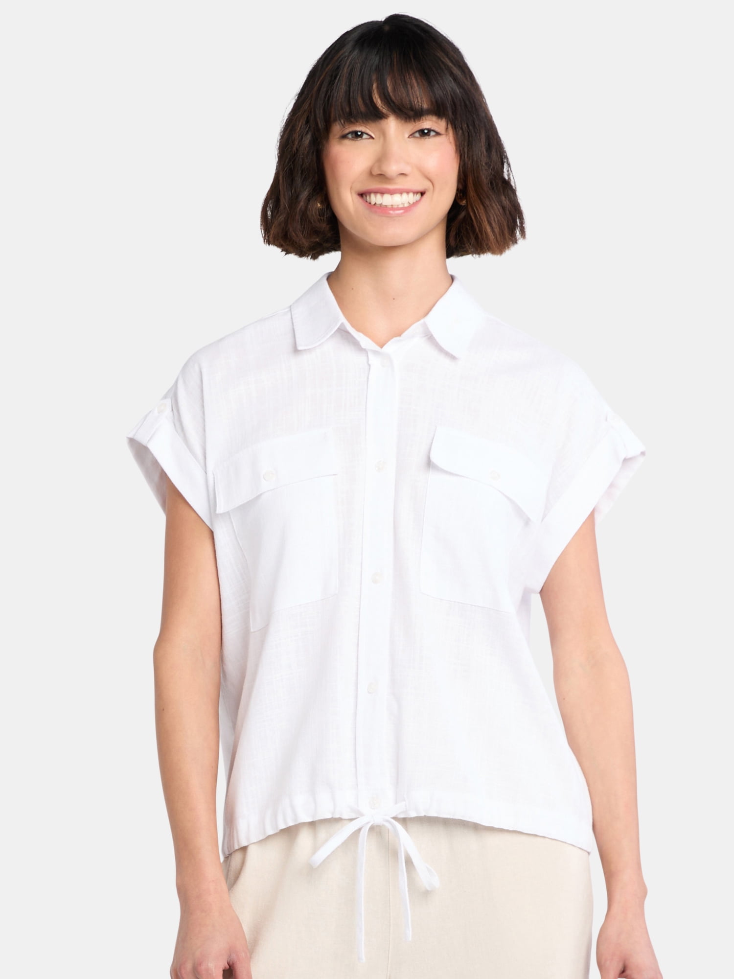 Time and Tru Women's Utility Shirt with Drawstring Hem, Button Front ...