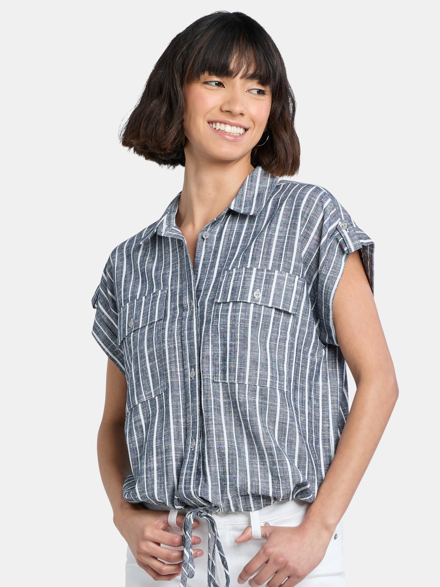 Time and Tru Women's Button Front Utility Shirt with Drawstring Hem, XS ...