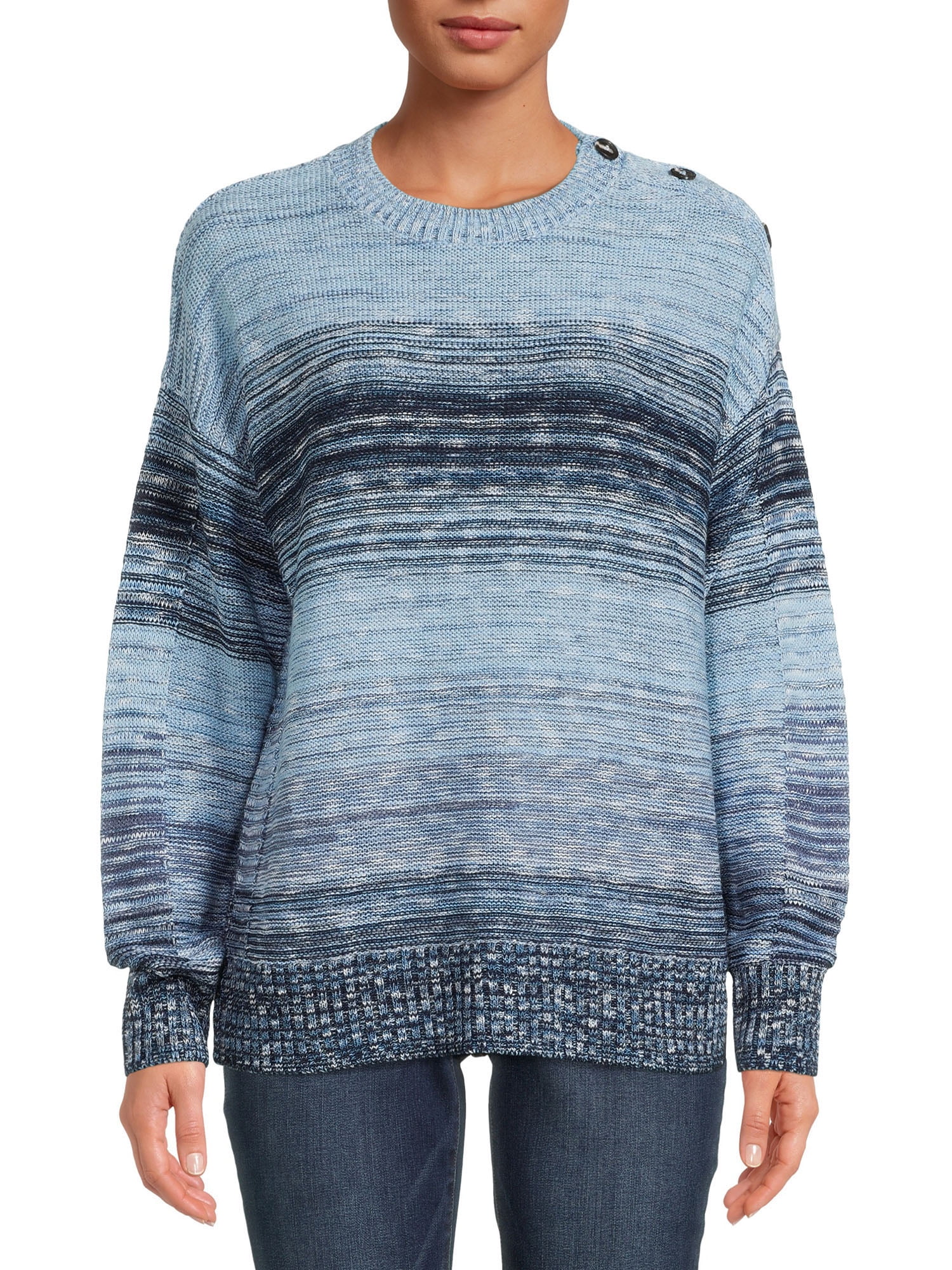 Time and Tru Women's Button Shoulder Striped Sweater, Lightweight ...