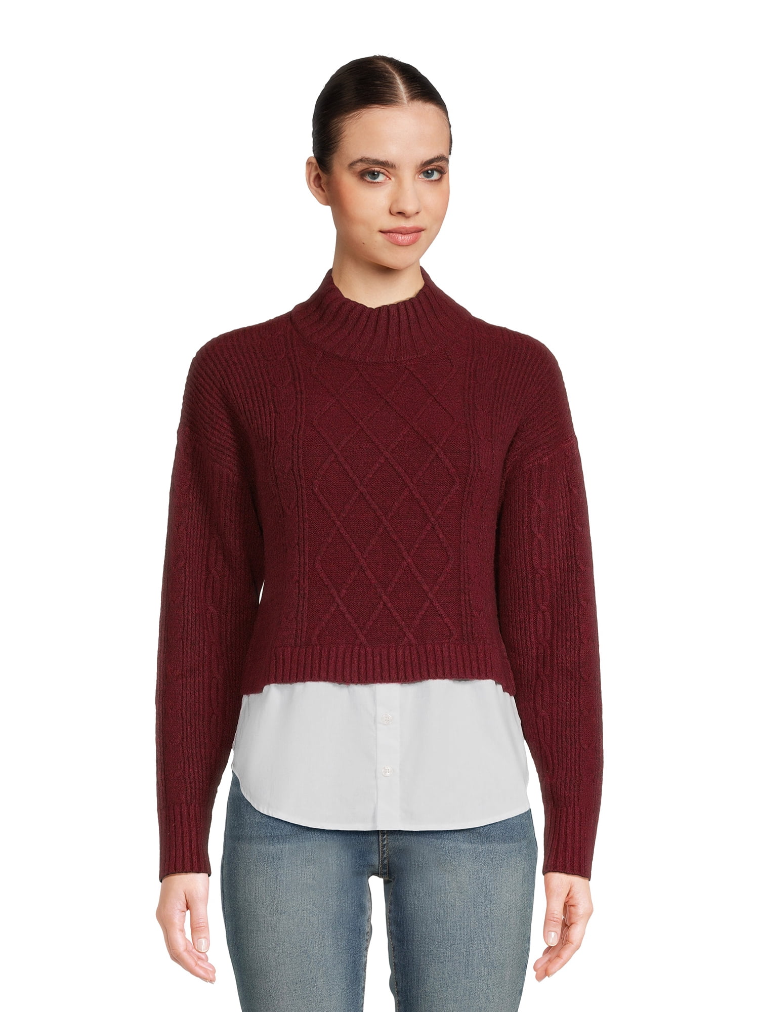 Time and Tru Cable Knit Poplin Sweater - XS-XXXL - Walmart.com