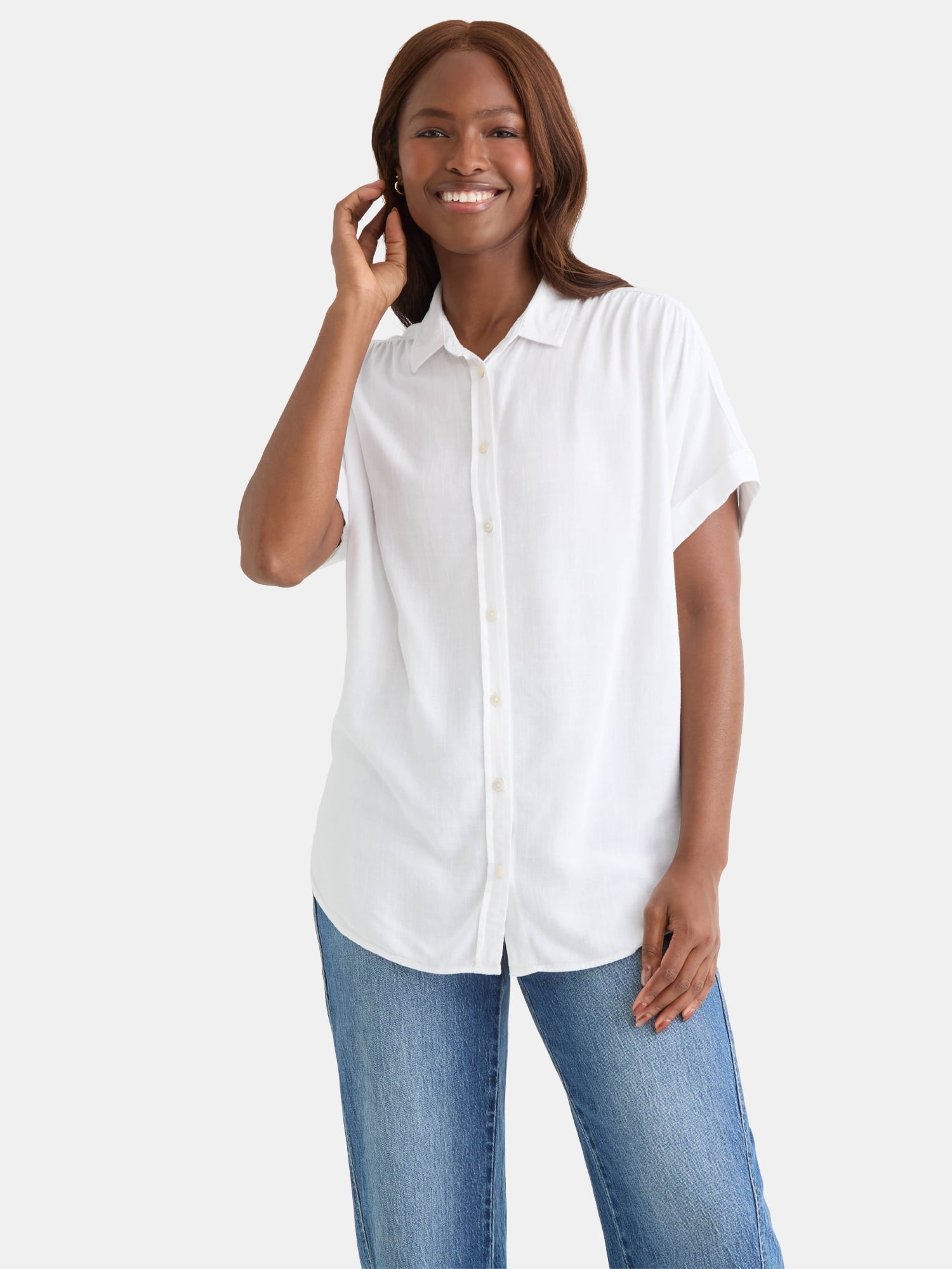 Time and Tru Women's Short Sleeve Camp Shirt, Relaxed Fit, Lightweight ...