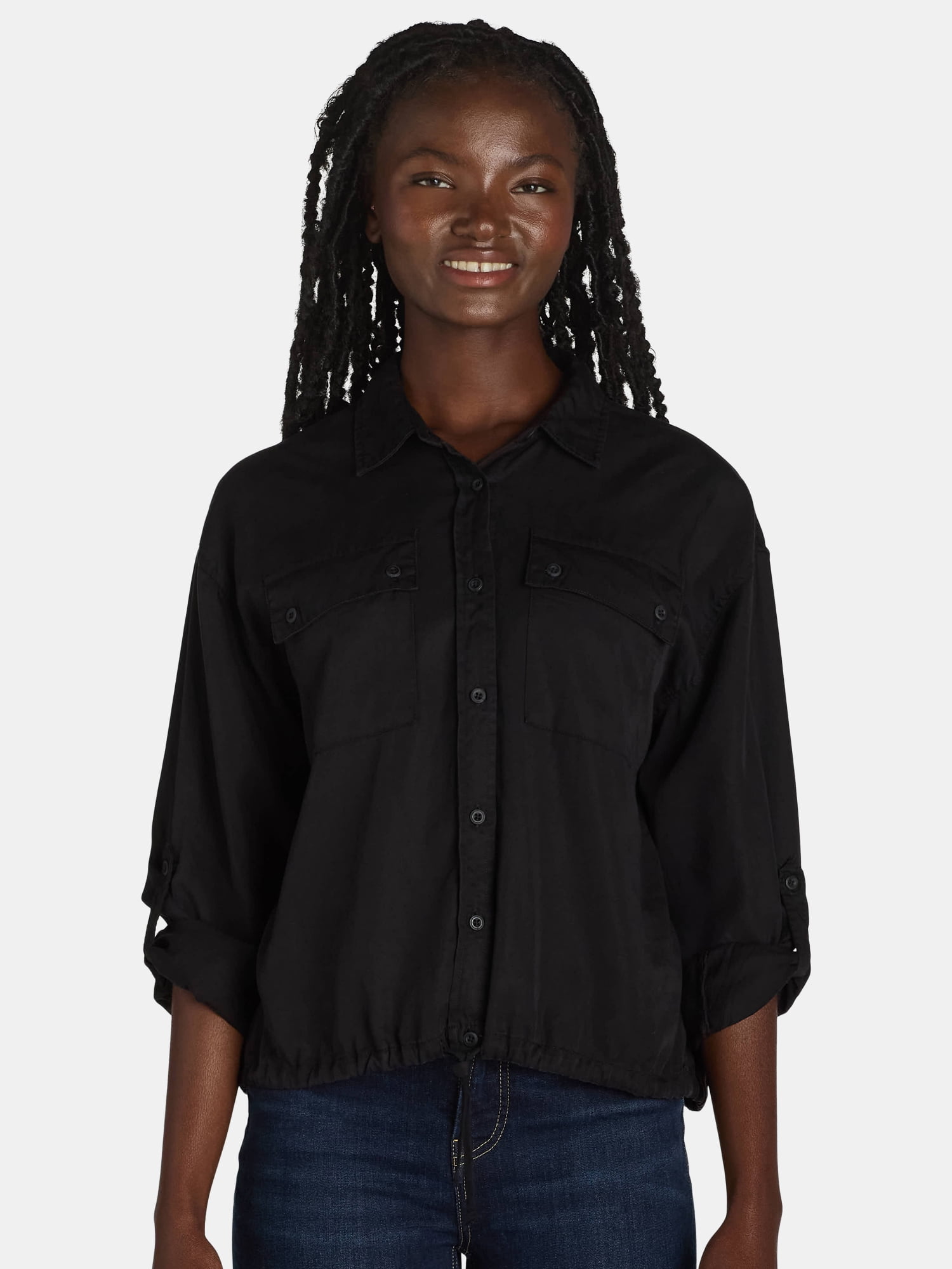 Time & Tru Women's Chambray Drawstring Blouse, XS-XXXL, Long Sleeve ...