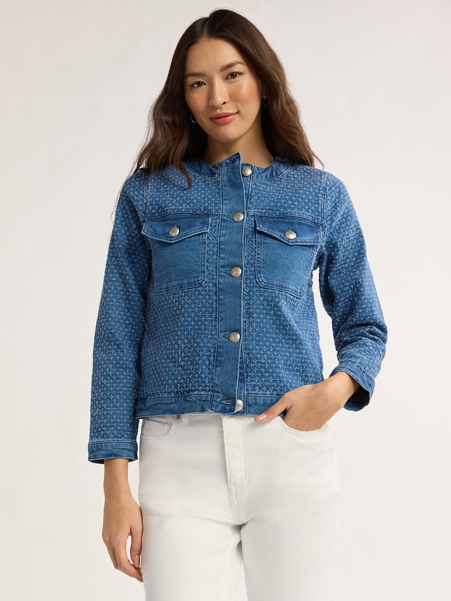 Time & Tru Women's Clip Dot Denim Jacket with Buttons, Relaxed Fit ...