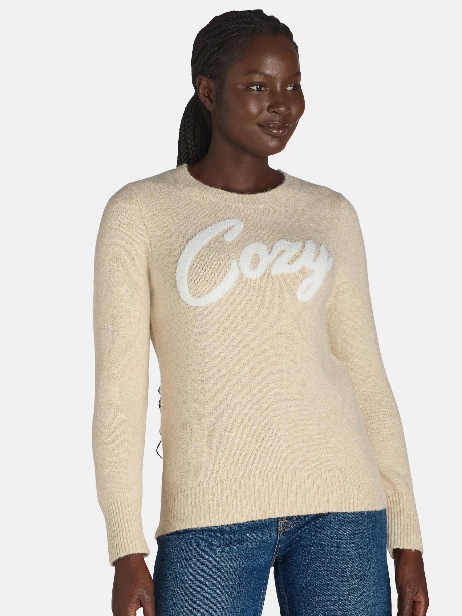 Time and Tru Women’s Conversational Crewneck Sweater, Lightweight, Size ...