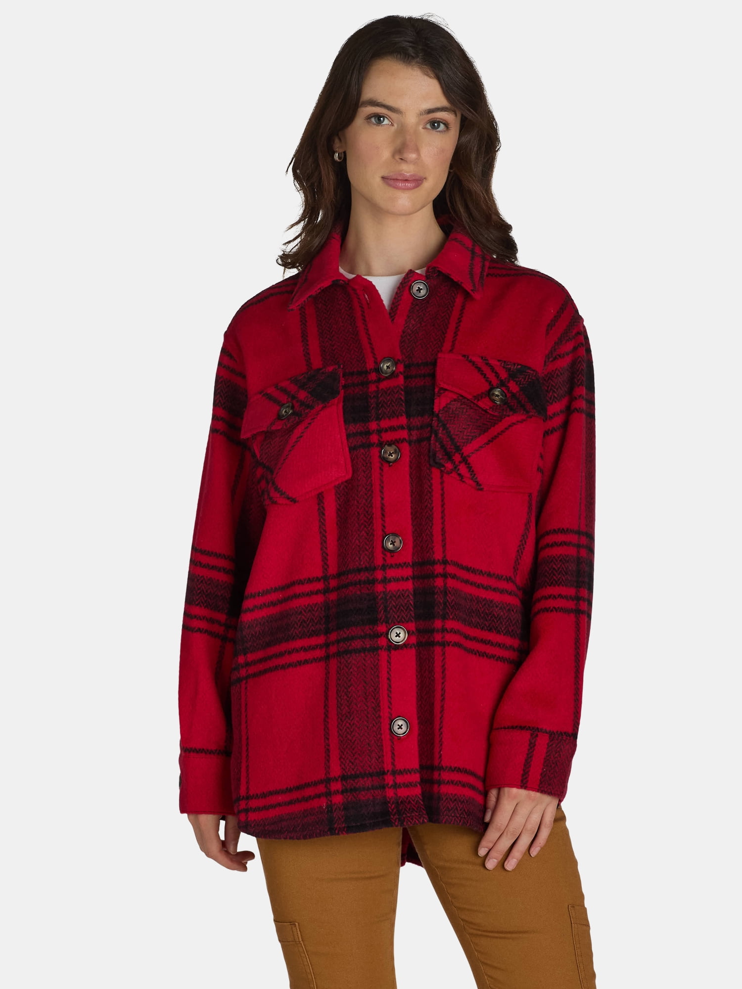 Time & Tru Women's Plaid Button Front Shacket with Pockets, XS-XXXL ...