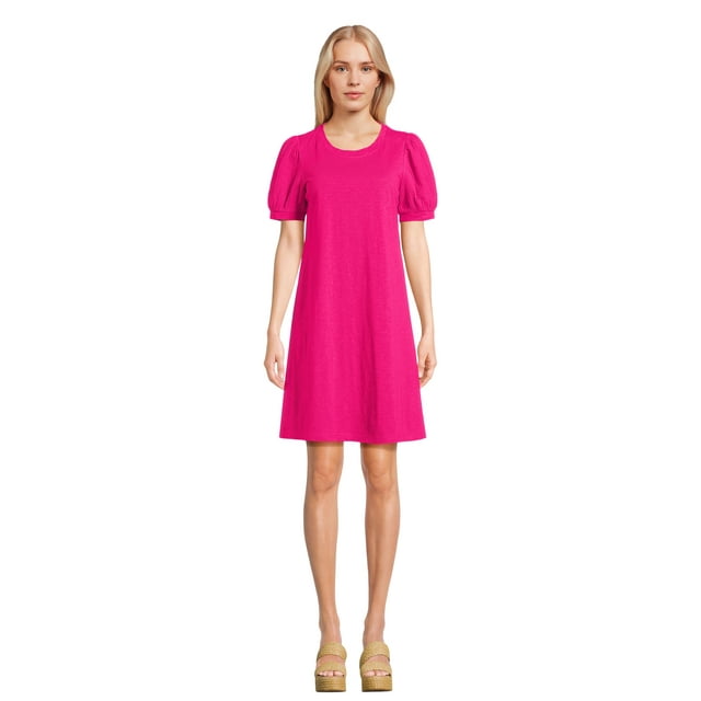 Time and Tru Women's Cotton A-Line Dress with Puff Sleeves, Sizes XS ...