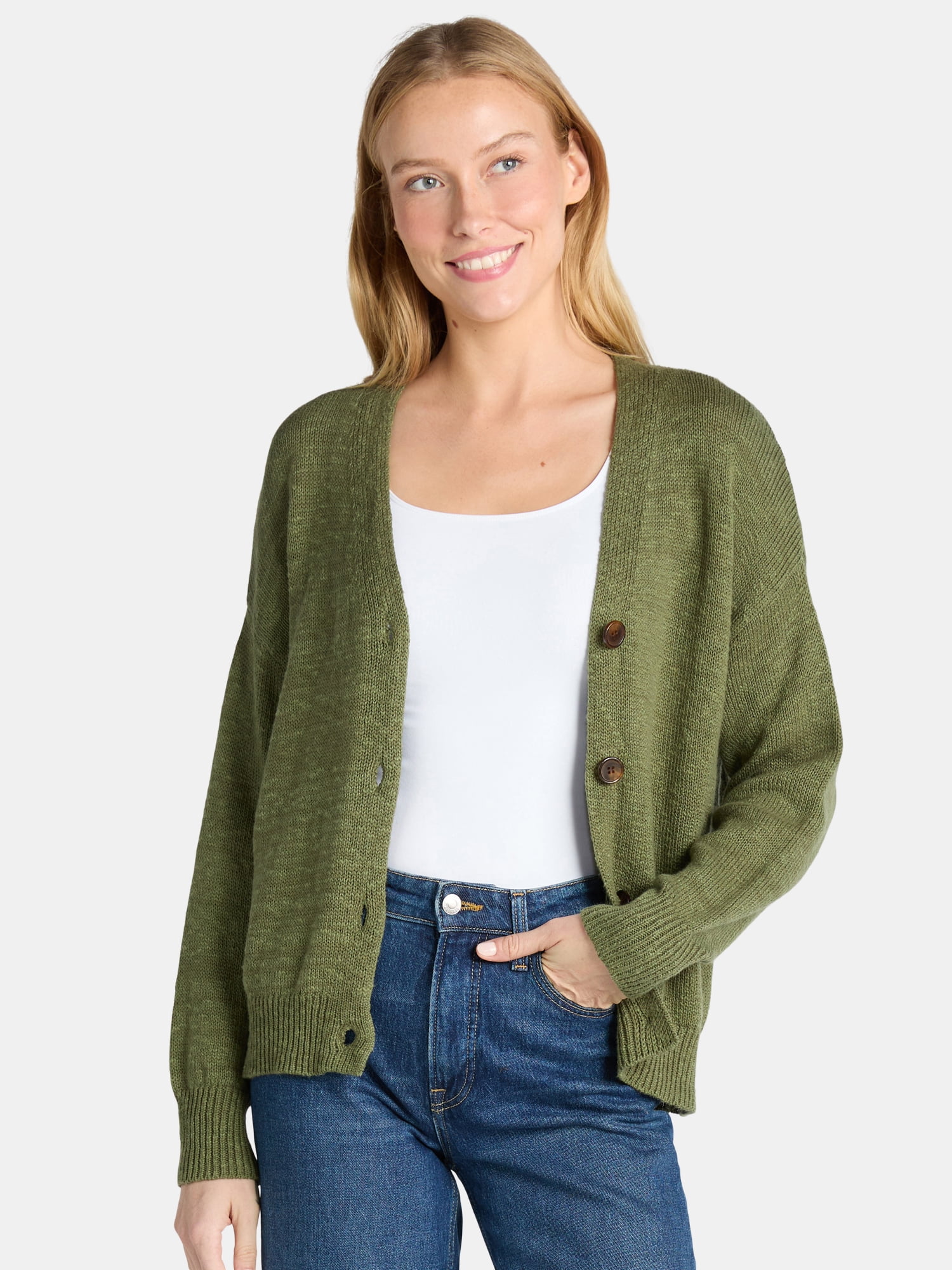 Time and Tru Women’s Cotton Boyfriend Cardigan Sweater, Lightweight ...