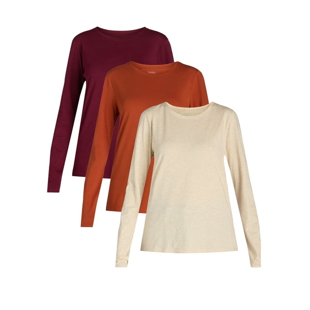 Time and Tru Women's Cotton Crewneck Tee with Long Sleeves, Single and ...