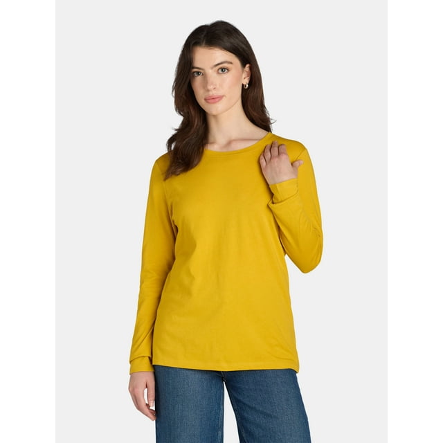 Time and Tru Women's Cotton Crewneck Tee with Long Sleeves, Single and ...
