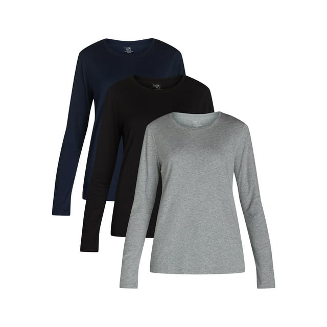 Time and Tru Women's Cotton Crewneck Tee with Long Sleeves, Single and ...