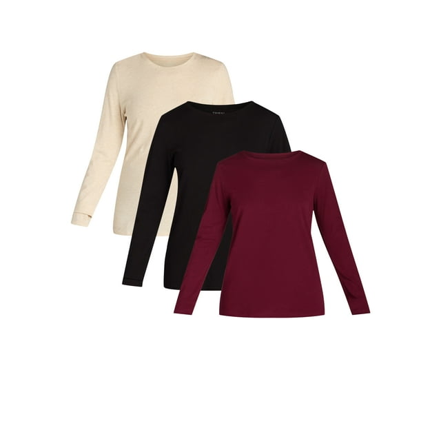Time and Tru Women's Cotton Crewneck Tee with Long Sleeves, Single and ...
