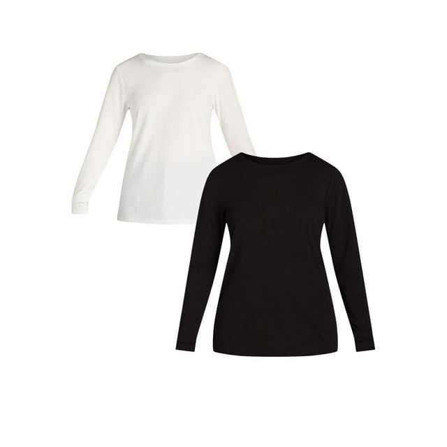 Time and Tru Women's Cotton Crewneck Tee with Long Sleeves, Single and ...