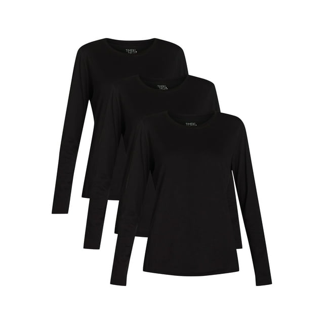 Time and Tru Women's Cotton Crewneck Tee with Long Sleeves, Single and ...