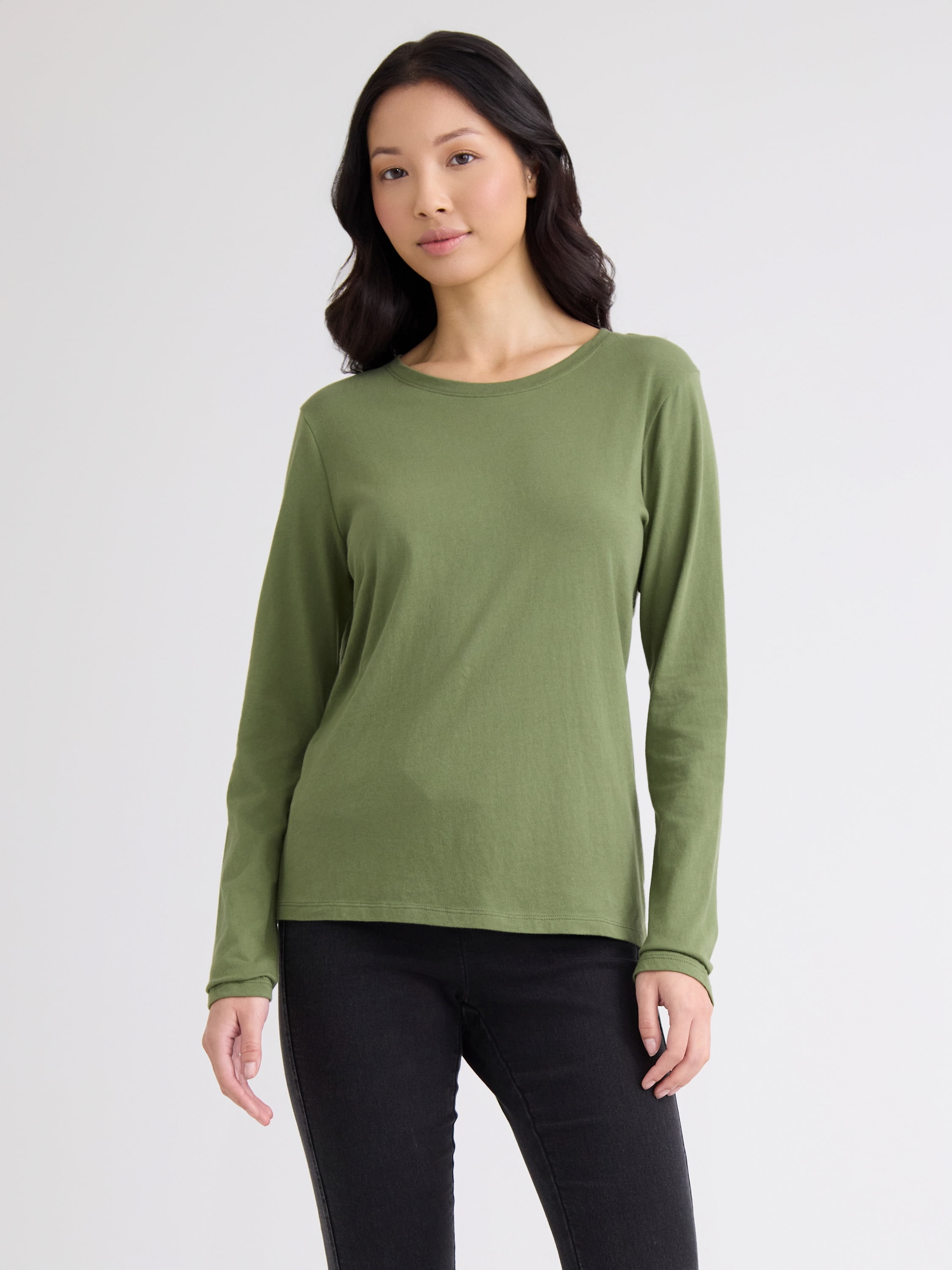 Time and Tru Women's Cotton Crewneck Tee with Long Sleeves, Size XS ...