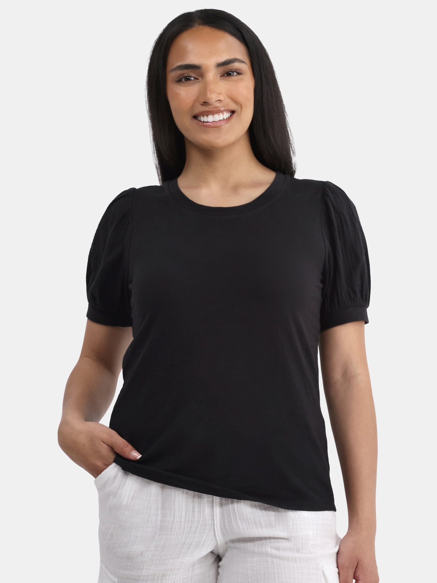 Time and Tru Women's Cotton Mixed Fabric Puff Sleeve Top, Sizes XS-XXXL ...