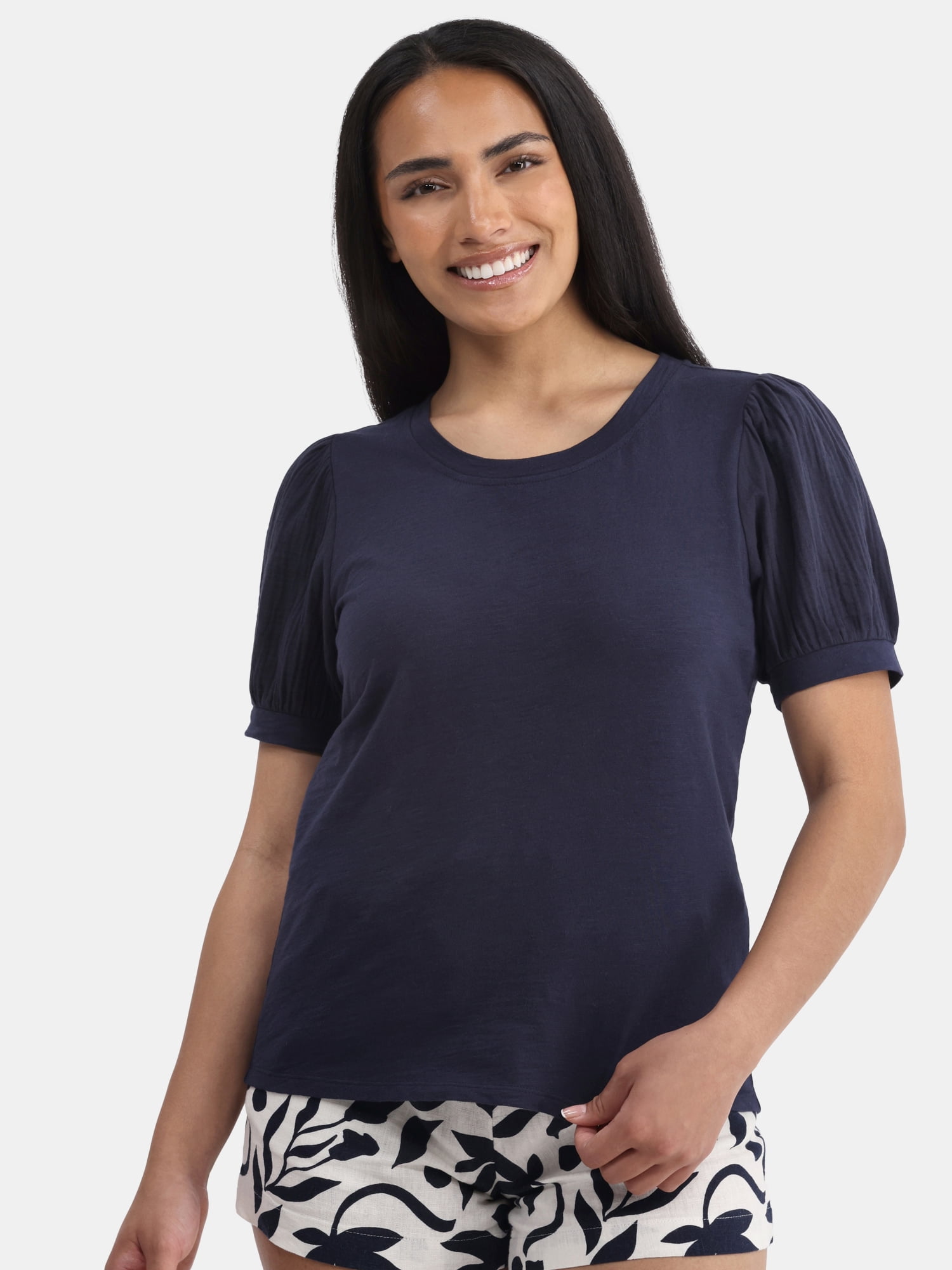 Time and Tru Women's Cotton Mixed Fabric Puff Sleeve Top, Sizes XS-XXXL ...