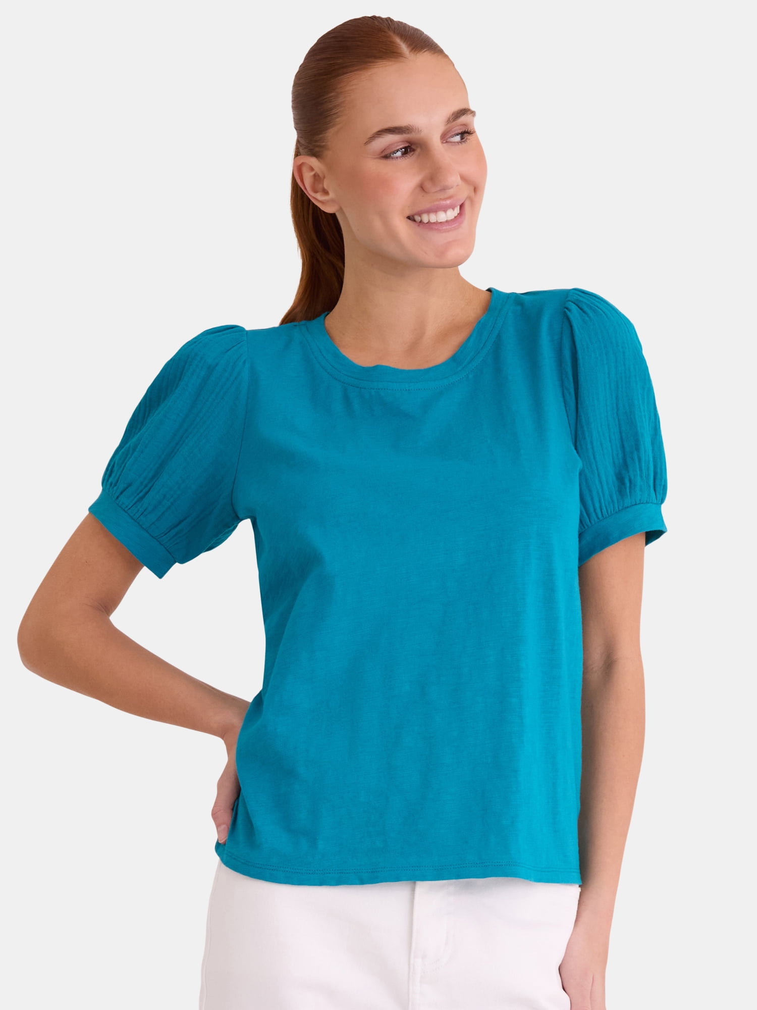 Time and Tru Women's Cotton Mixed Fabric Puff Sleeve Top, Sizes XS-XXXL ...