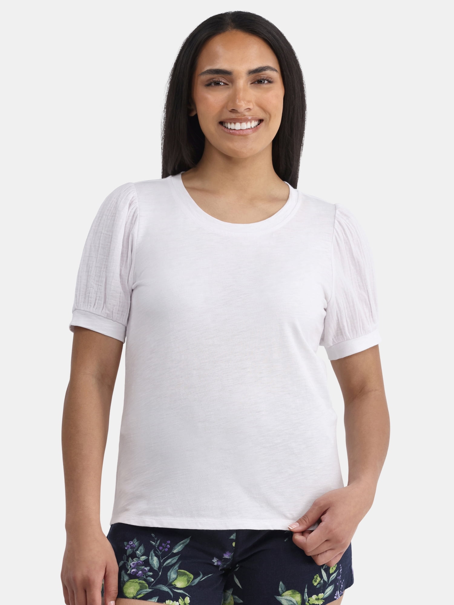 Time and Tru Women's Cotton Mixed Fabric Puff Sleeve Top, Sizes XS-XXXL ...