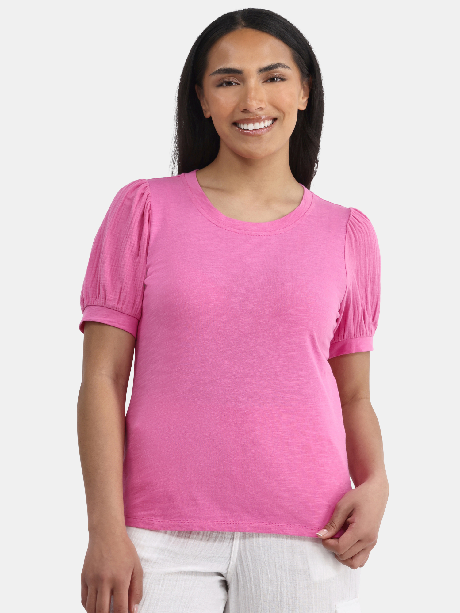 Time and Tru Women's Cotton Mixed Fabric Puff Sleeve Top, Sizes XS-XXXL ...