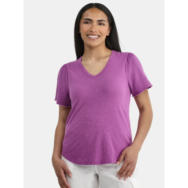 Time and Tru Women's Cotton Mixed Fabric V Neck Tee, Sizes XS-XXXL ...