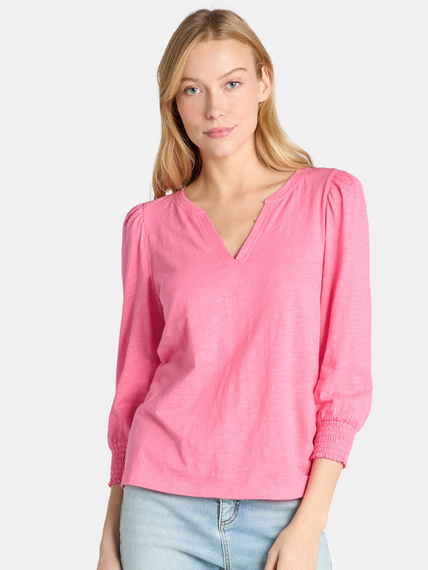 Time & Tru Women's Cotton Notch Neck Top, Relaxed Fit, Smocked Sleeves ...